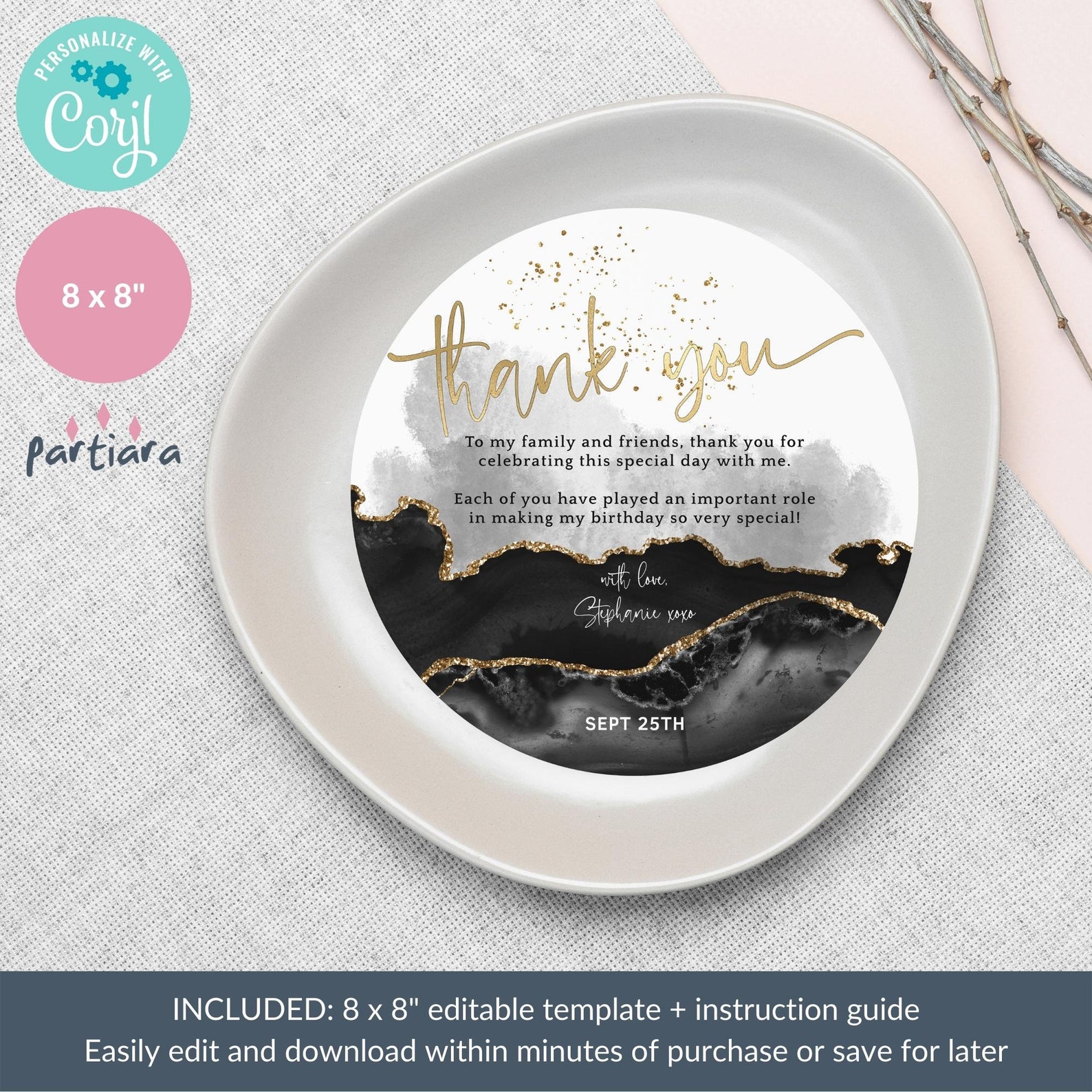 Birthday Thank You Plate Charger Editable Template Ladies or Mens Party ...