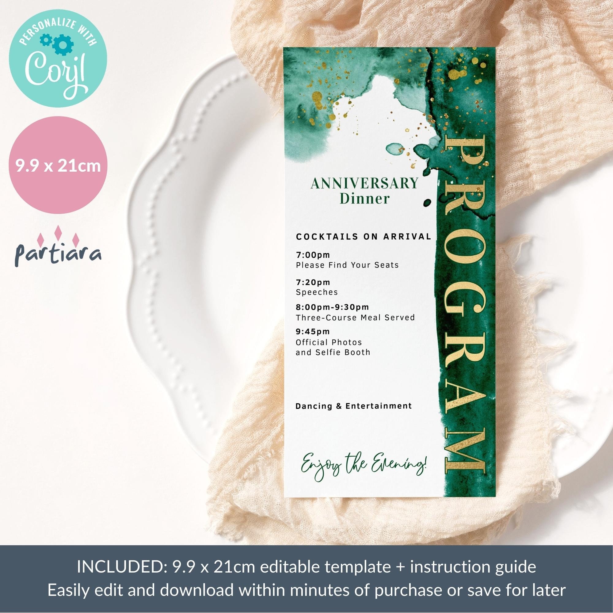 Editable Birthday Program Card Emerald Green and Gold Ladies Dinner ...