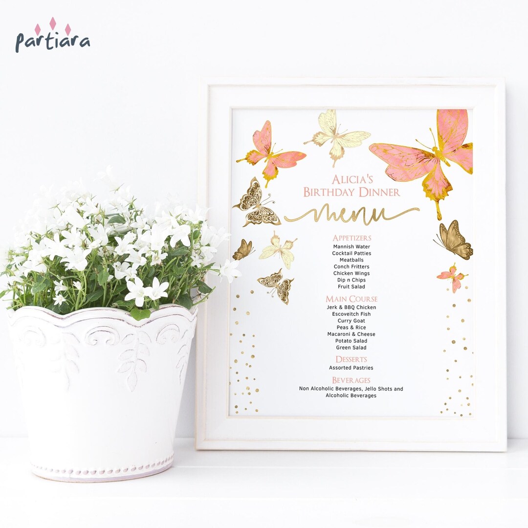 Coral Gold Butterfly Menu Card Printable Teen Girls Birthday Dinner ...