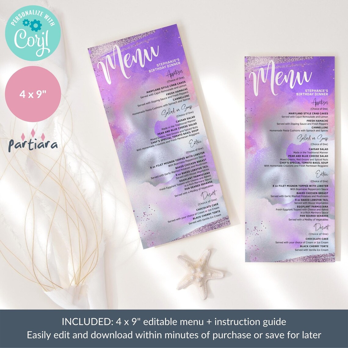Purple Silver Editable Menu Card Template Ladies Birthday - Etsy