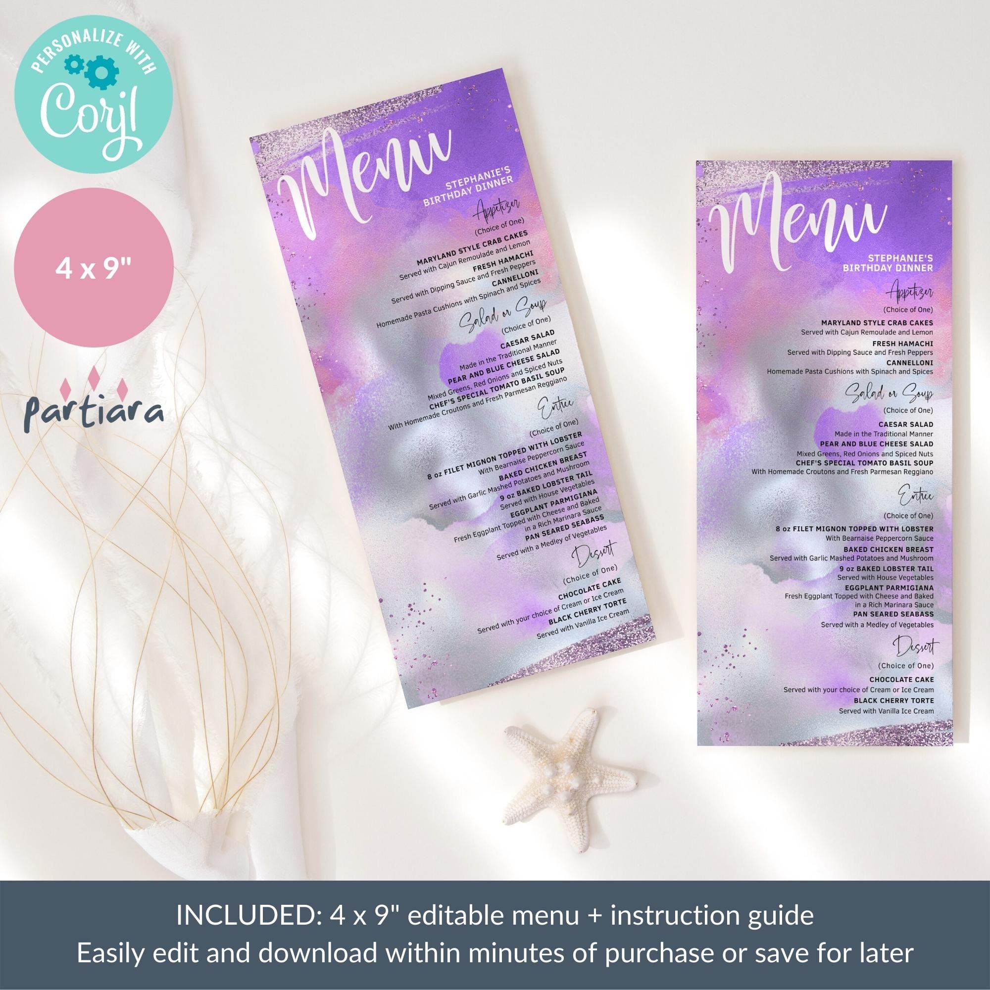 Purple Silver Editable Menu Card Template Ladies Birthday - Etsy