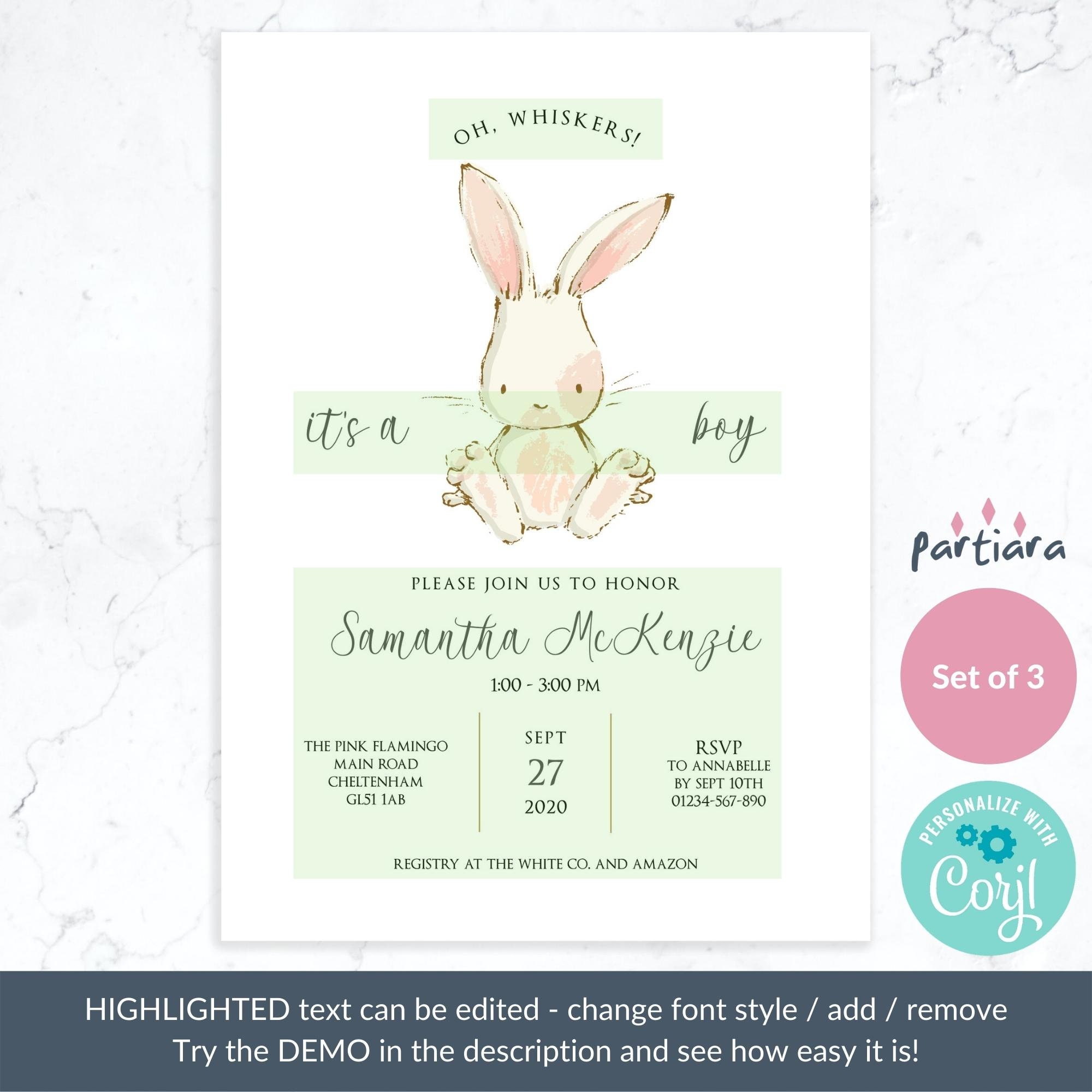 Bunny Baby Shower Invitation Set Editable Boy Girl Spring - Etsy