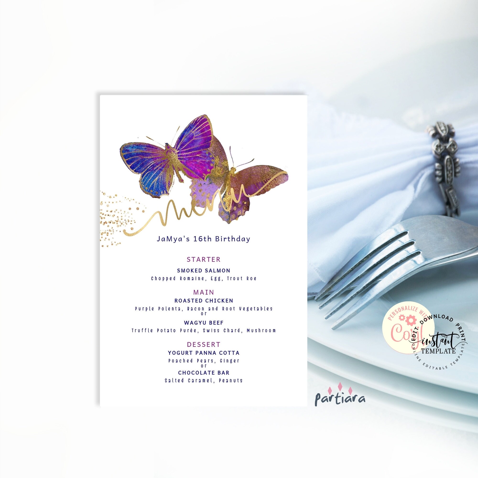Sweet Sixteenth 16th Birthday Menu Cards Butterflies Lunch or | Etsy