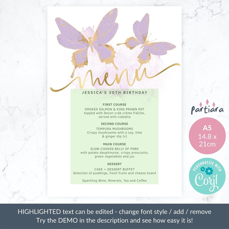 Butterfly Menu Template, Purple Baby Shower Butterflies Menu Card ...