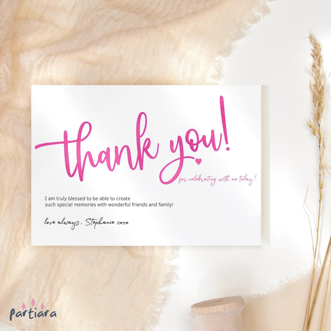 Hot Pink Thank You Card Printable Ladies Birthday Party Notecards ...