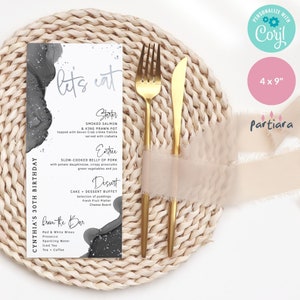 Black and Silver Food Menu Card Printable Birthday Table Menus Men or ...