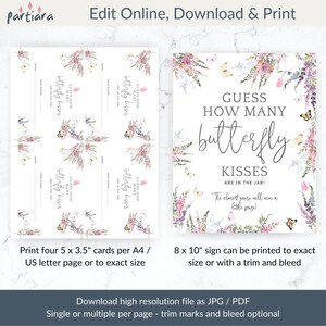 Guess How Many Butterfly Kisses Party Game Sign Notecards Girl Baby ...