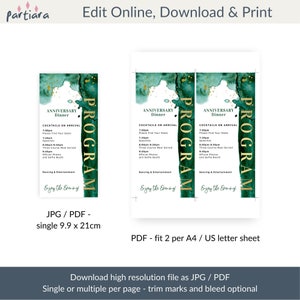 Editable Birthday Program Card Emerald Green and Gold Ladies Dinner ...