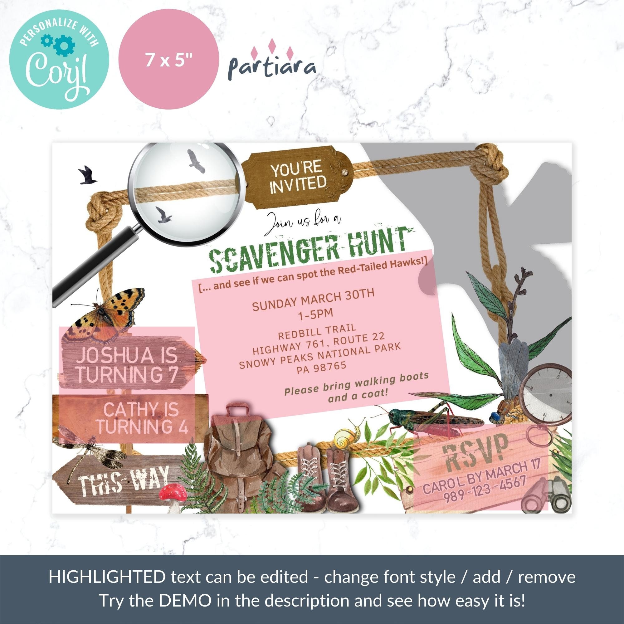 Birthday Scavenger Hunt Invitation Printable Boy Girl Sibling Brother ...