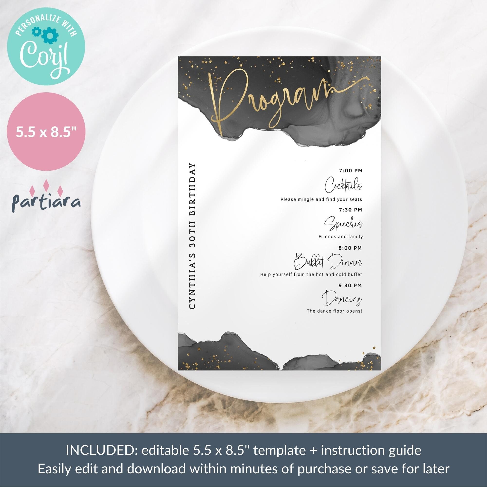 Black Gold Party Program Editable Template Men or Ladies - Etsy