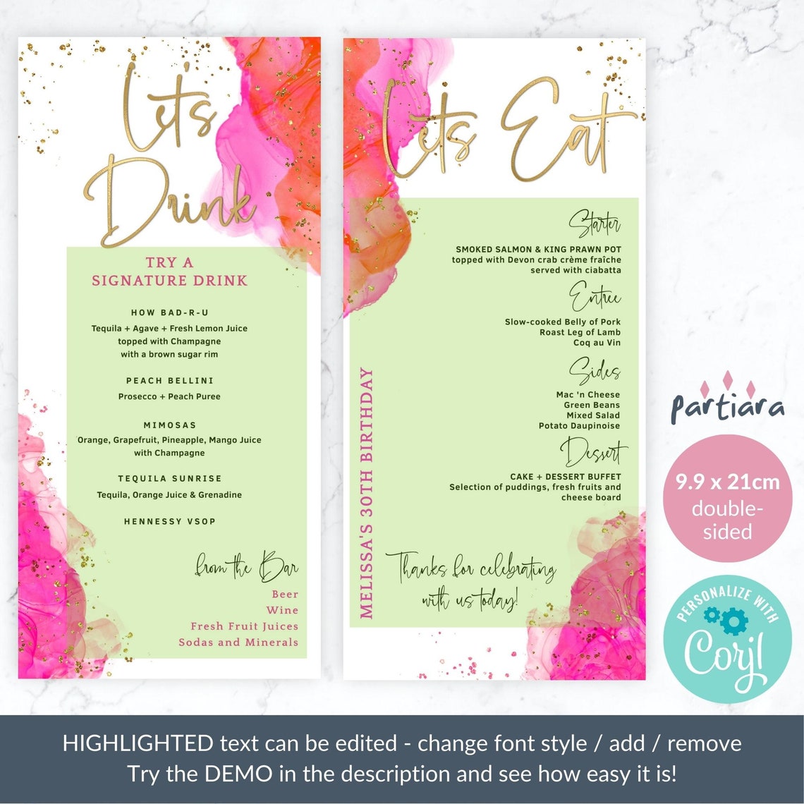 Birthday Dinner Menu Template: Girls Hot Pink Orange Lets Eat and Drink ...