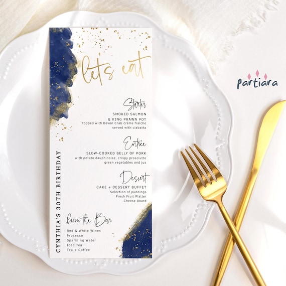 Blue Gold Menu Card Editable Template Birthday Party Dinner - Etsy