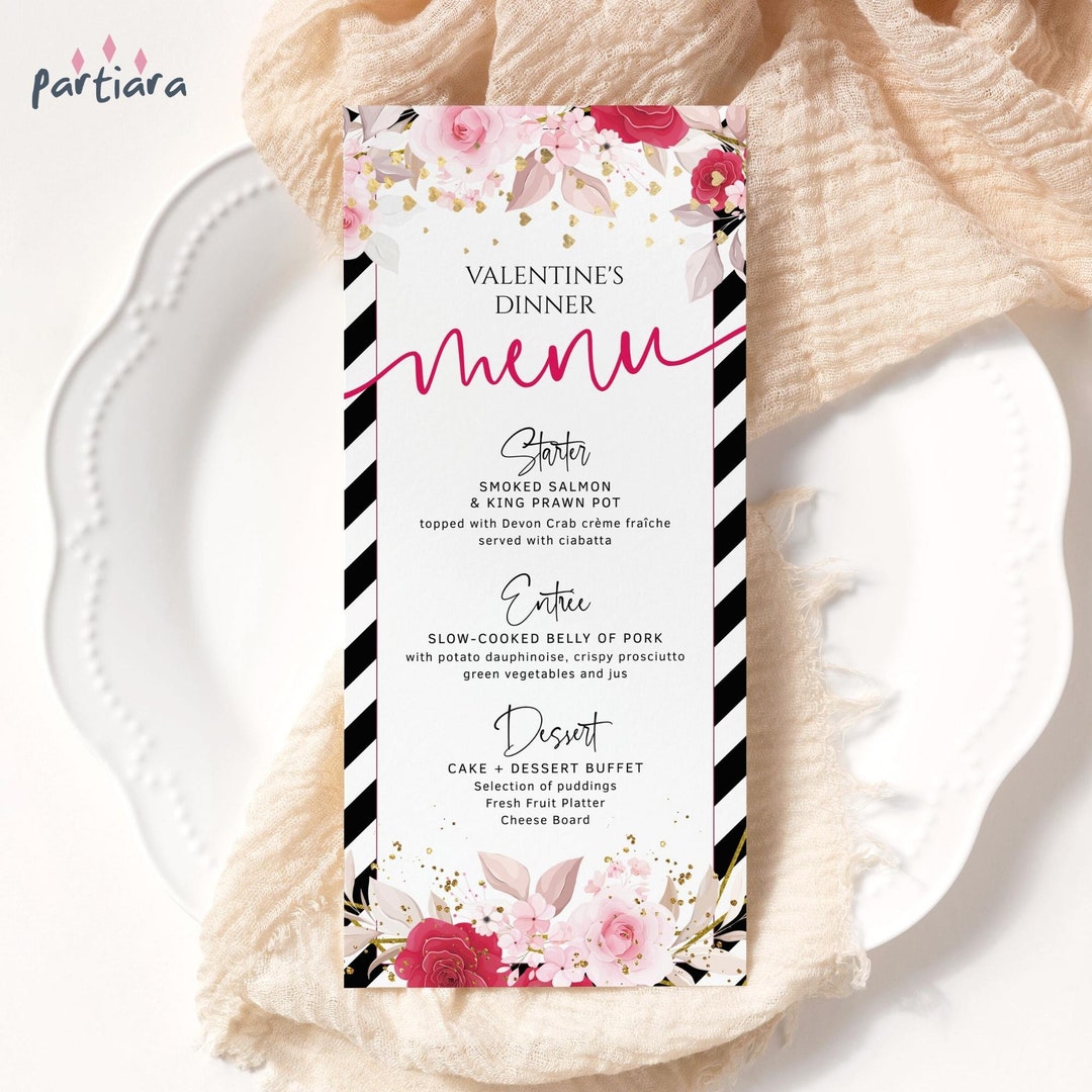 Pink Red Floral Menu Card Valentines Dinner Birthday Brunch Party Menus ...