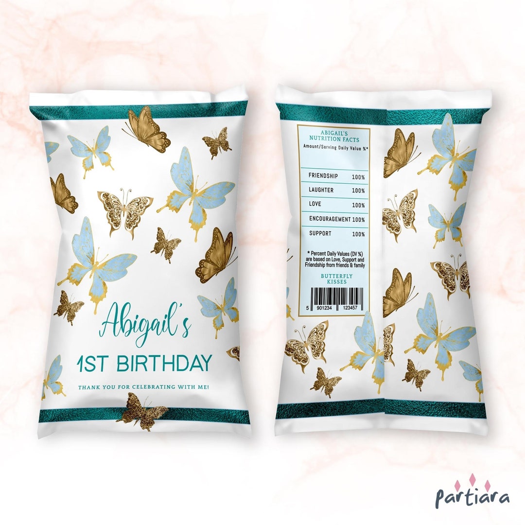 Editable Butterfly Chip Bag Label Wrap Template Blue and Gold ...