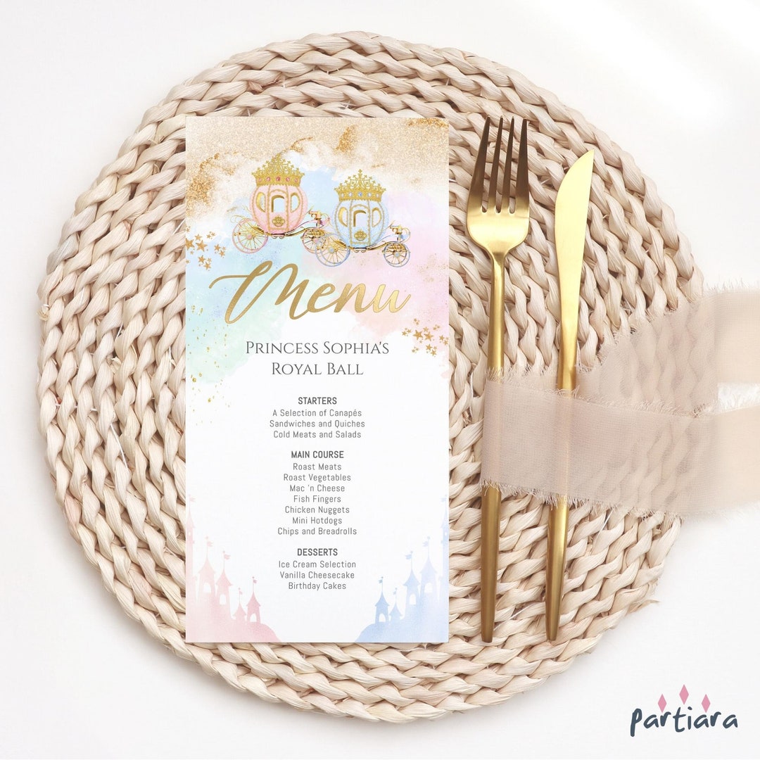 Princess Menu, Birthday Menu Cards, Fairytale Menus Printable, Girls ...