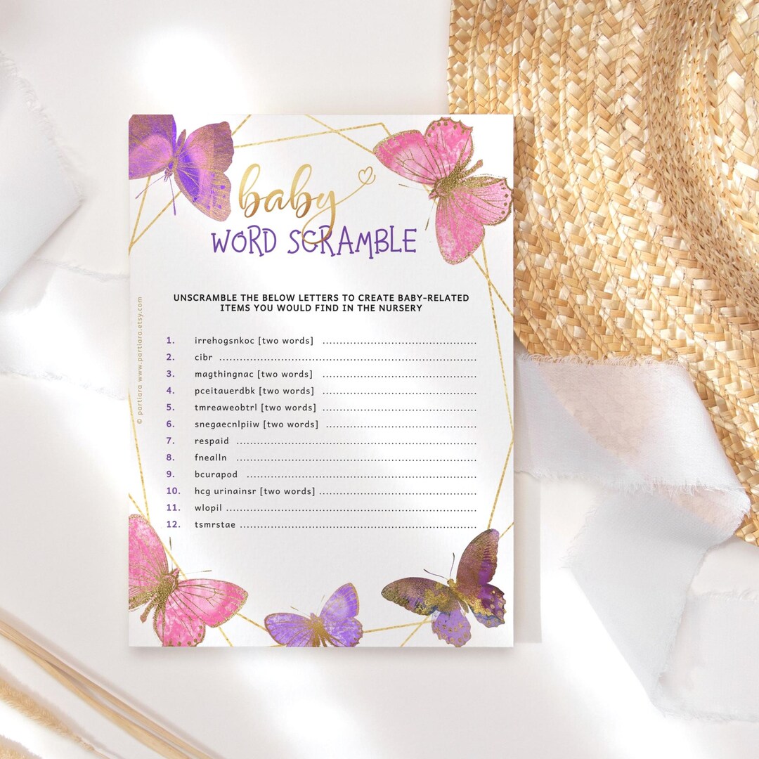 Butterfly Baby Shower Word Scramble Game Editable Template, Girls Party ...