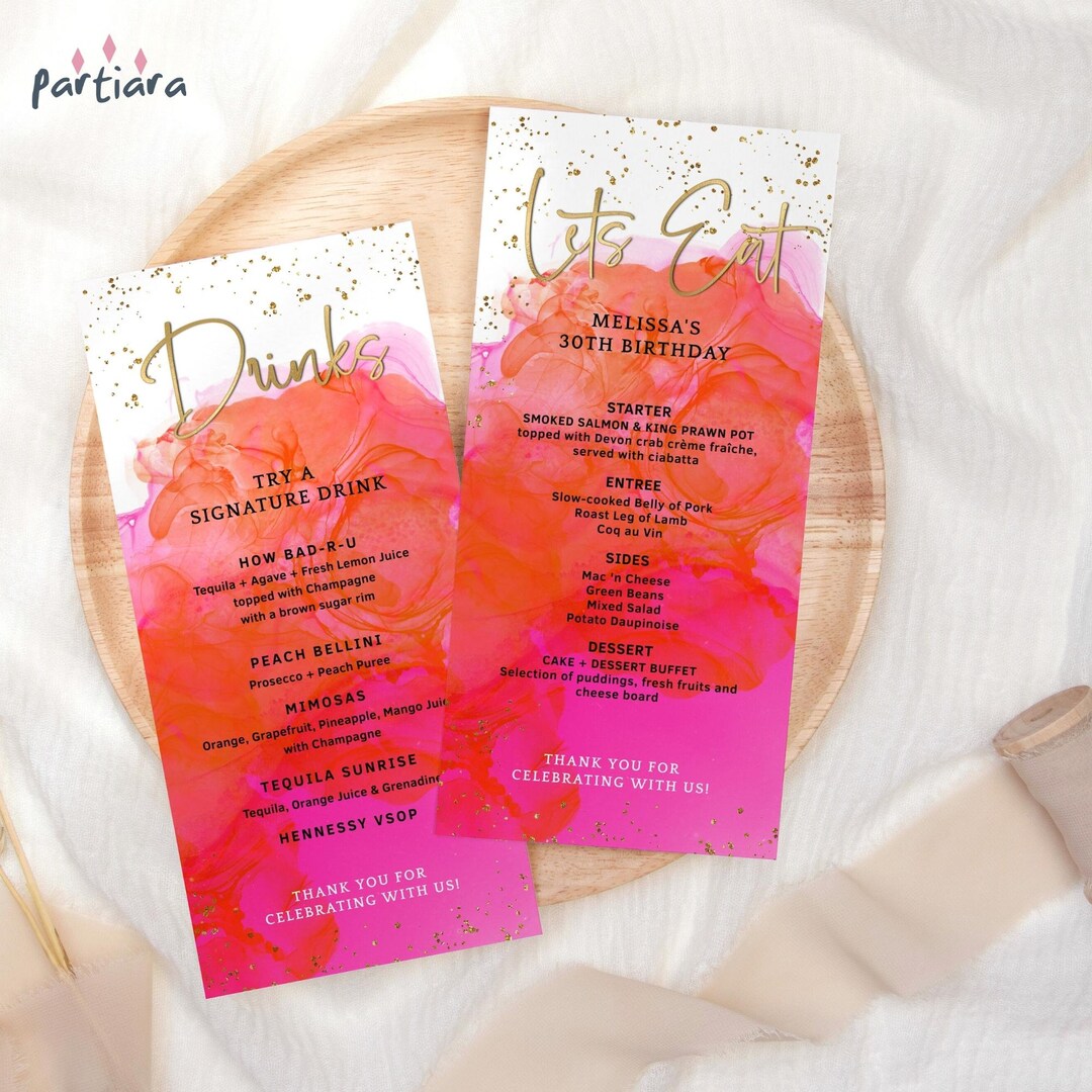 Pink Orange Birthday Food Drinks Menu Teen Girl Birthday Dinner Party ...