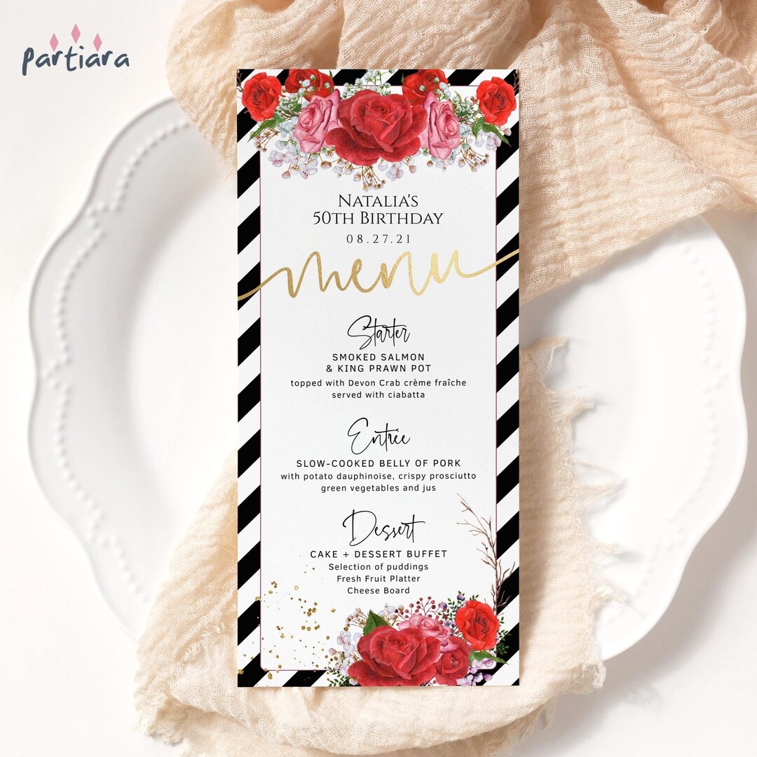 Birthday Dinner Menu, Red Roses Anniversary Menus Printable, Ladies ...