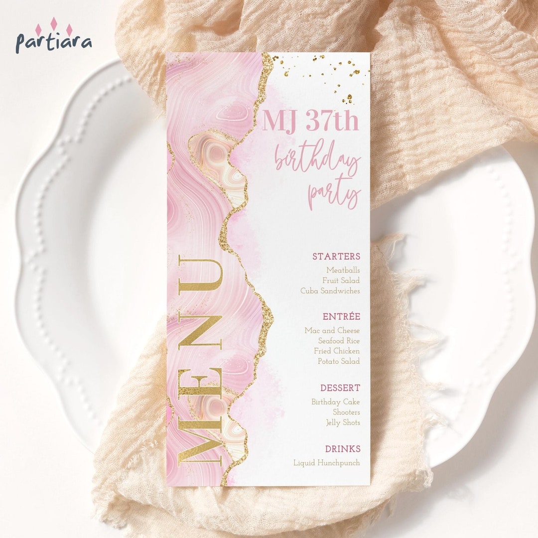 Pink Gold Agate Birthday Menu Printable Ladies Dinner Party Table Menu ...