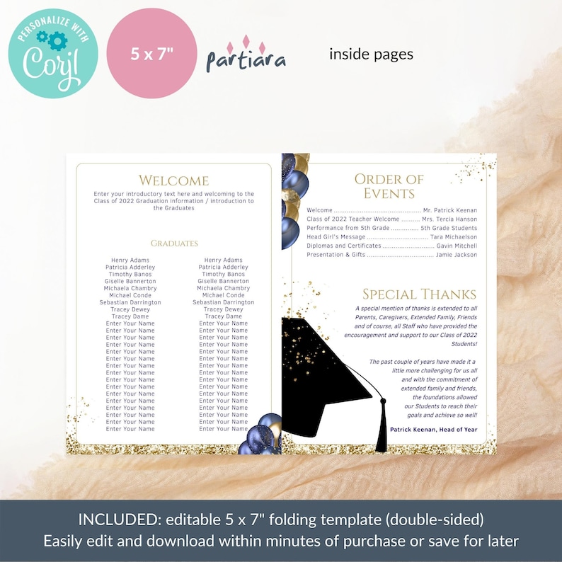 Graduation Program Self Editable Navy Blue Gold College High School or ...