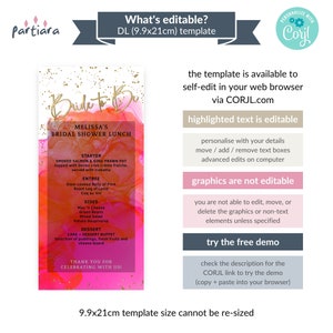 Bride to Be Menus, Bridal Shower Menu Cards, Editable Hot Pink Orange ...