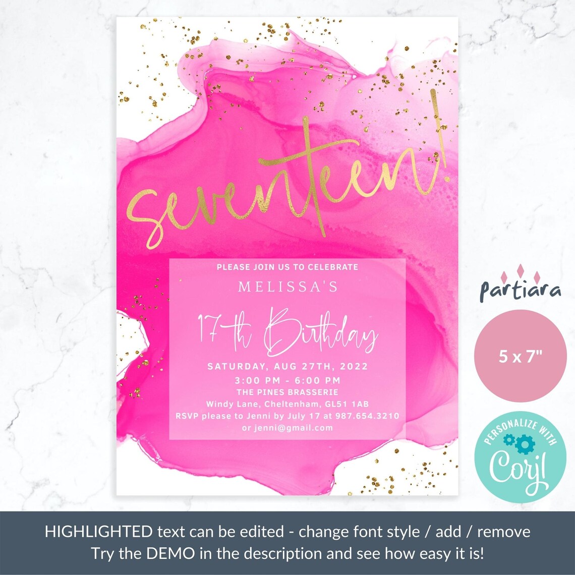 17th Birthday Invitation Pink Gold Girl's Seventeenth | Etsy