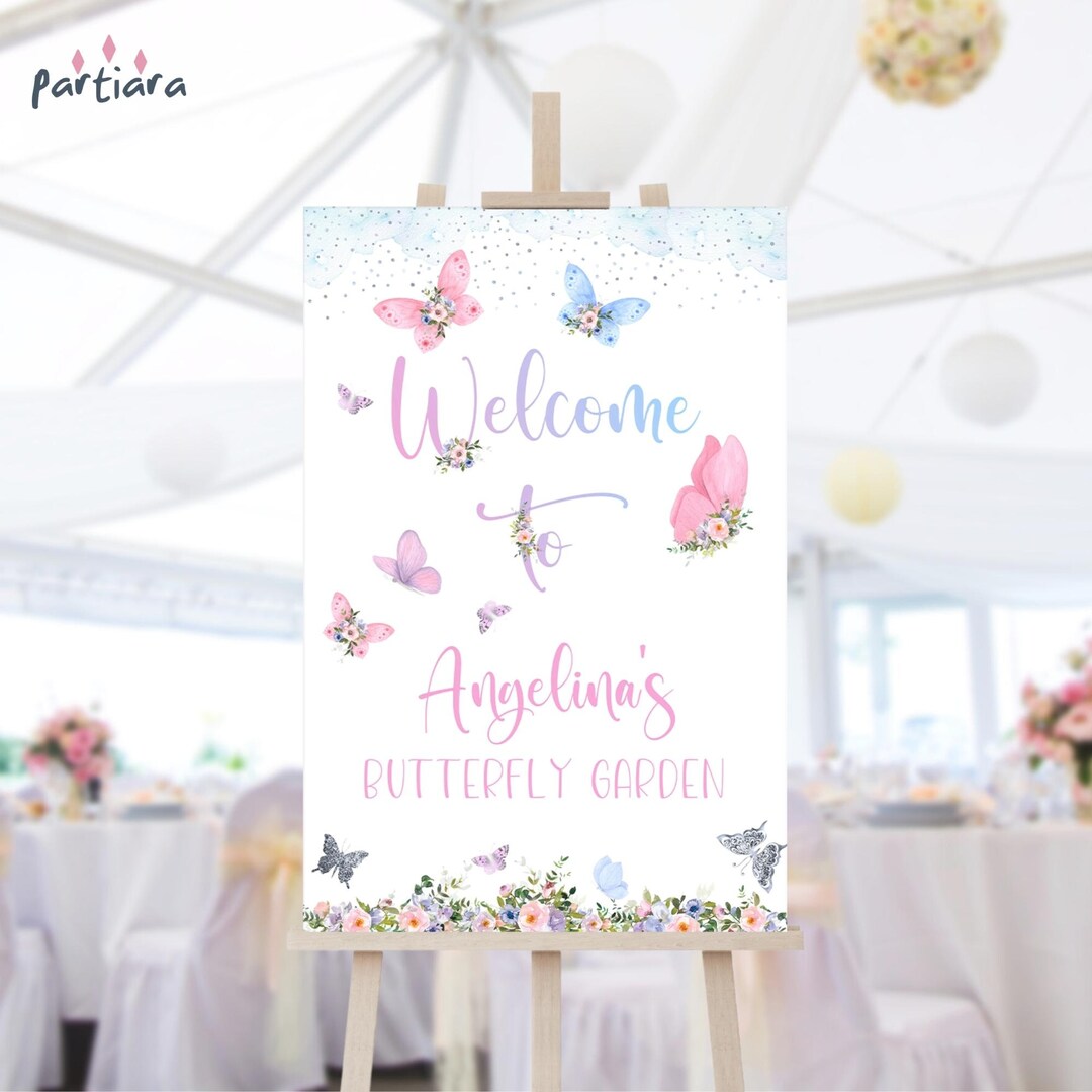 Floral Butterfly Sign, Welcome Birthday Party Board Printable, Girl 1st ...