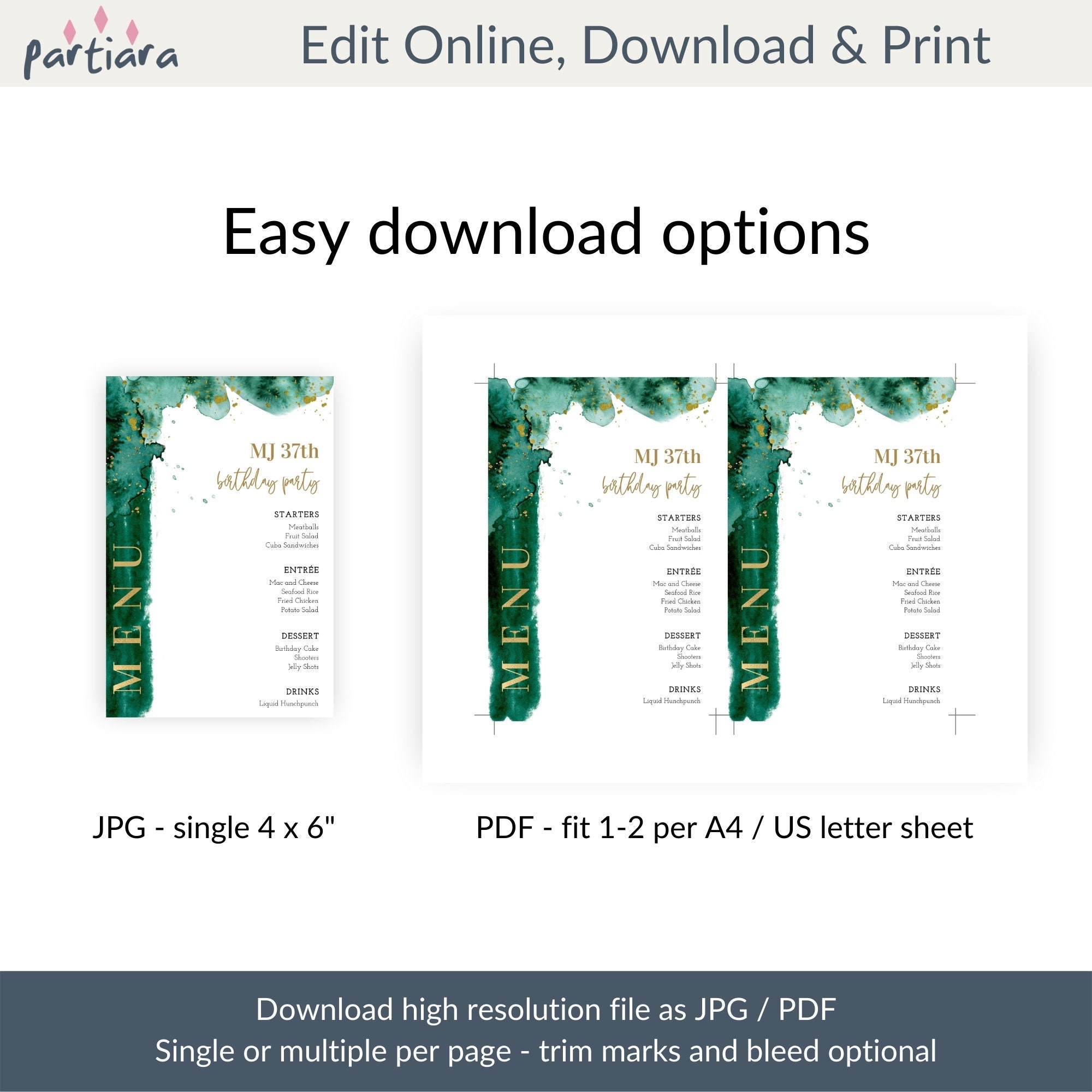 Emerald Green Menu Card Editable Template Ladies Teens Girls - Etsy