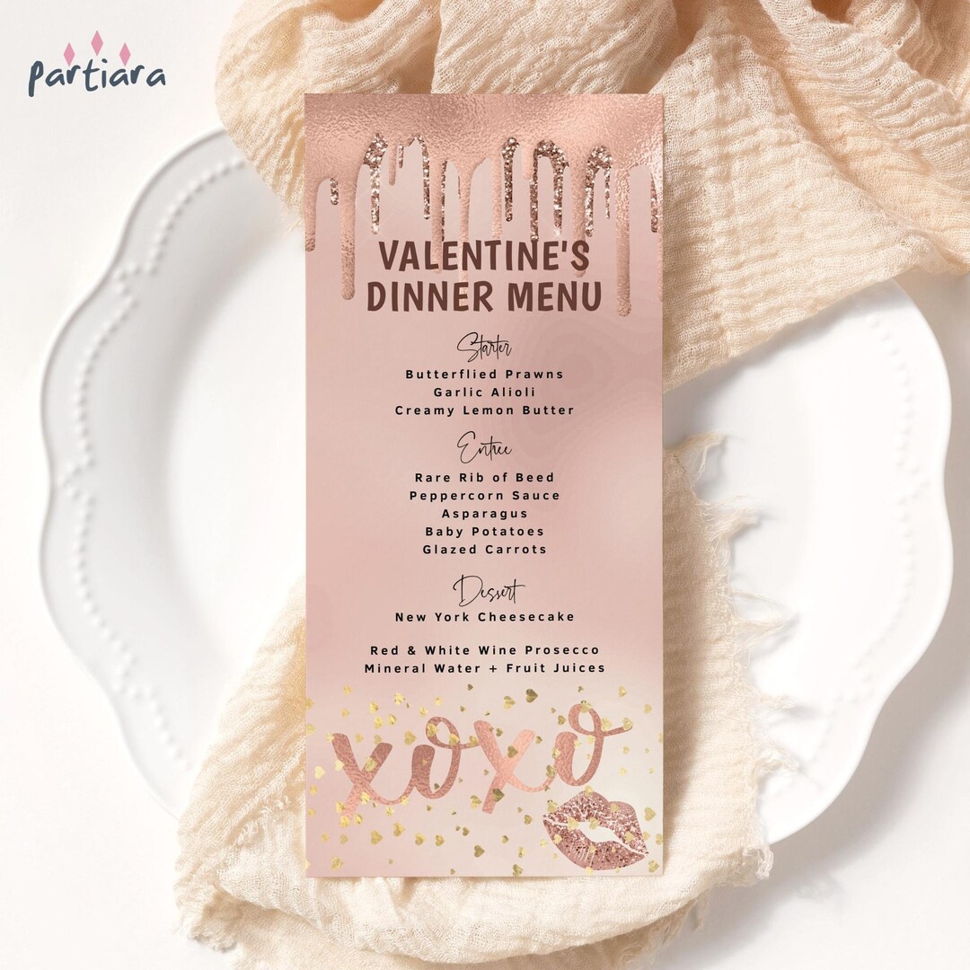 Rose Gold Menu Card Template, Valentines Dinner Menus Printable ...