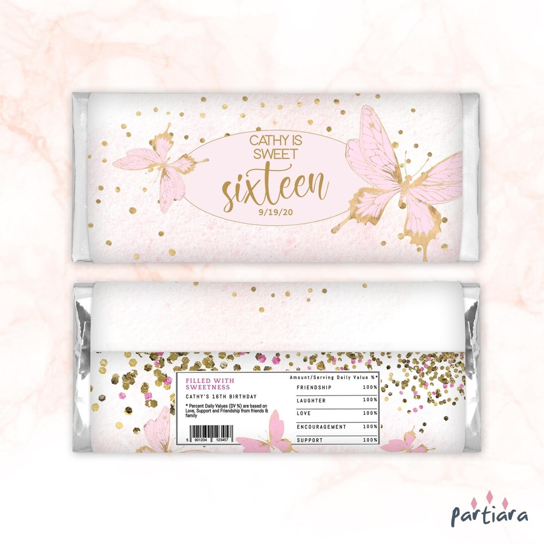 Sweet 16 Candy Label Template, Butterfly 1st Birthday Chocolate Bar ...