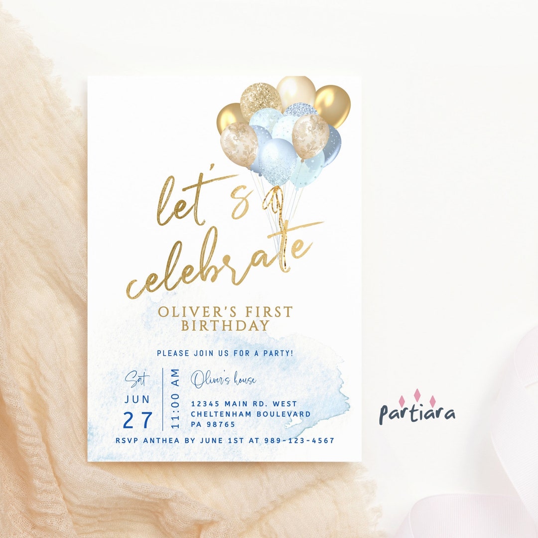 Blue Gold Balloons Birthday Invitation Boy Printable Party - Etsy