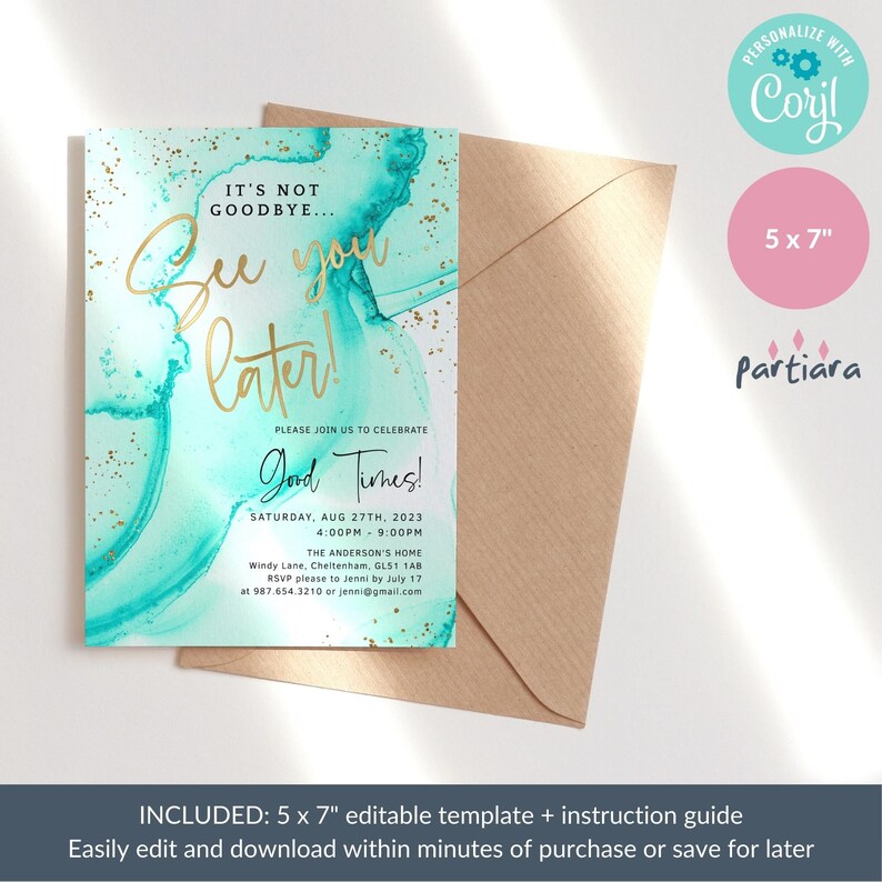 Farewell Party Invite Printable See You Later Green and Gold - Etsy