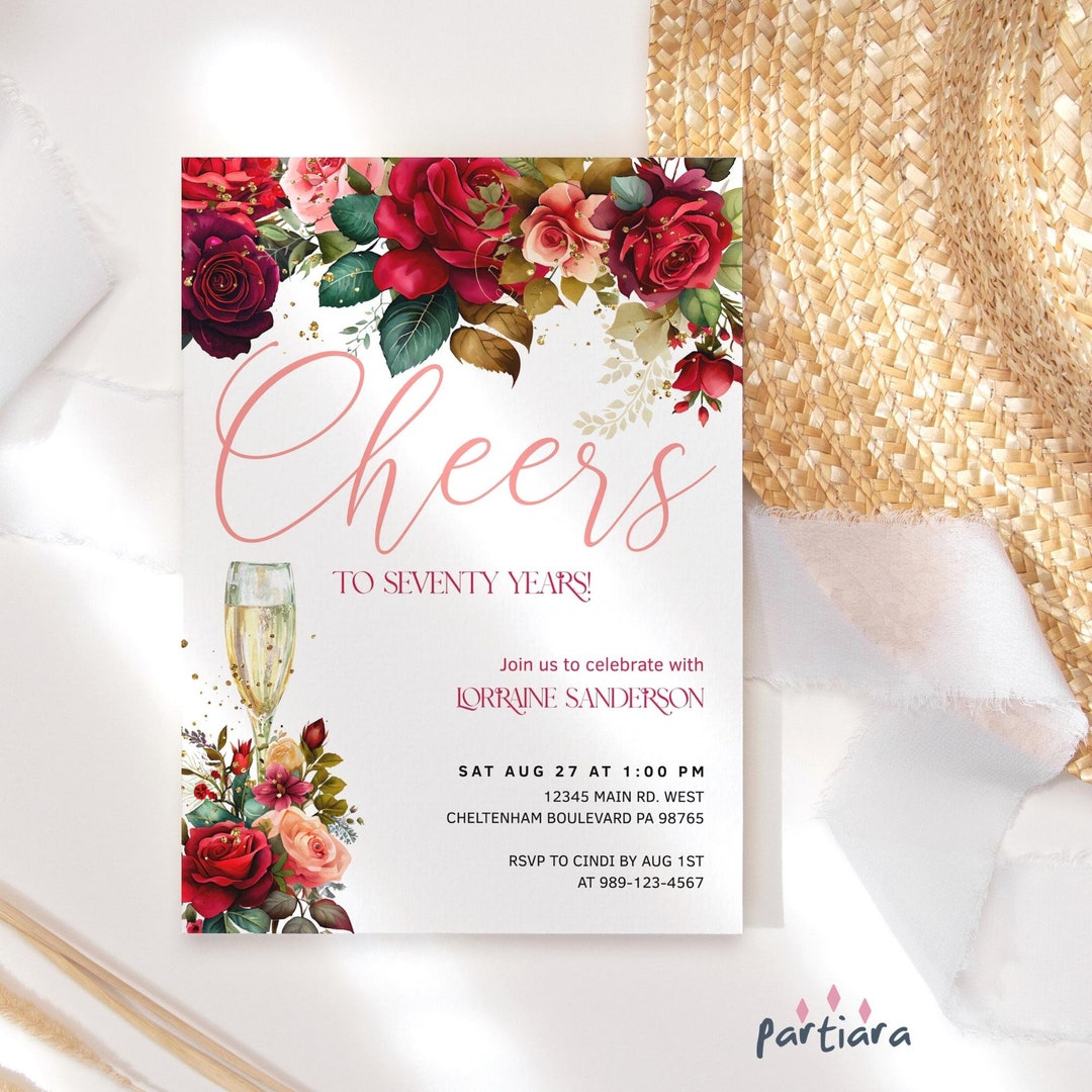 Red Pink Roses Birthday Invite Ladies 40th 50th 60th 70th 80th Dinner ...
