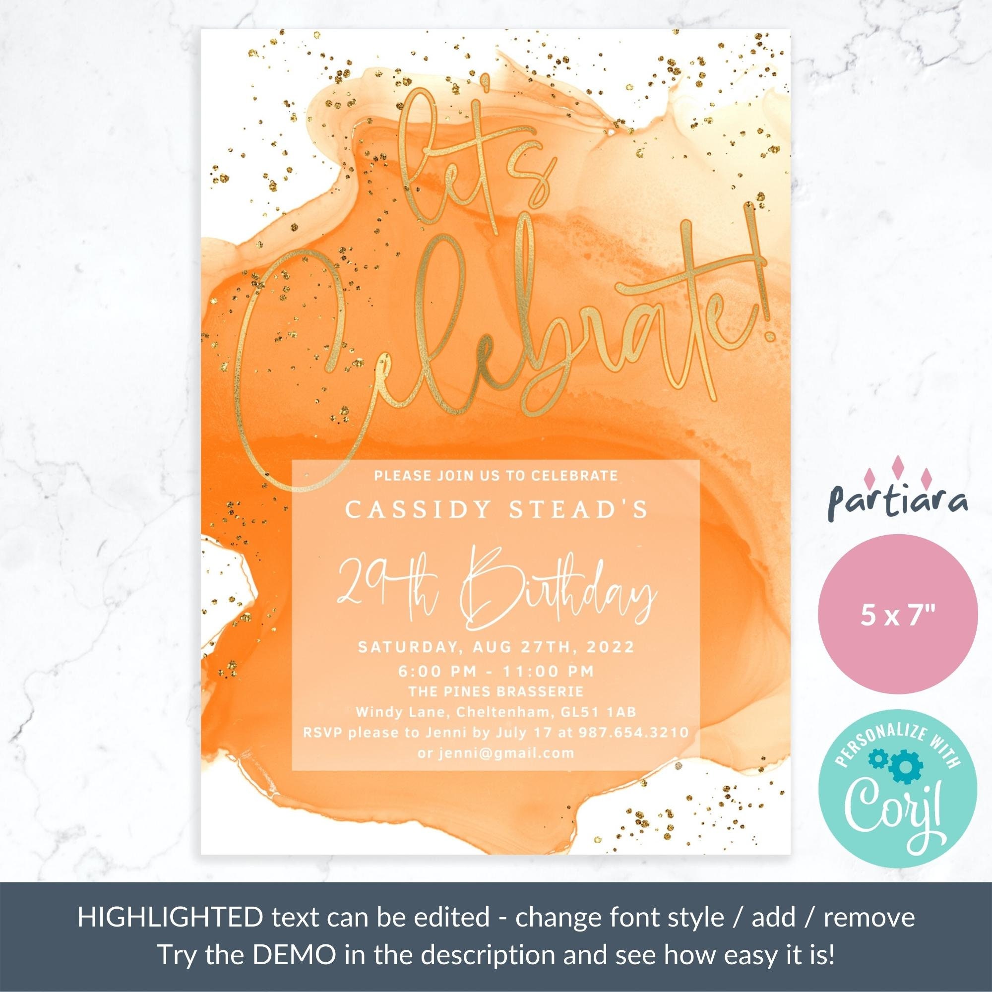 Orange Gold Birthday Invitation Printable Let's Celebrate - Etsy