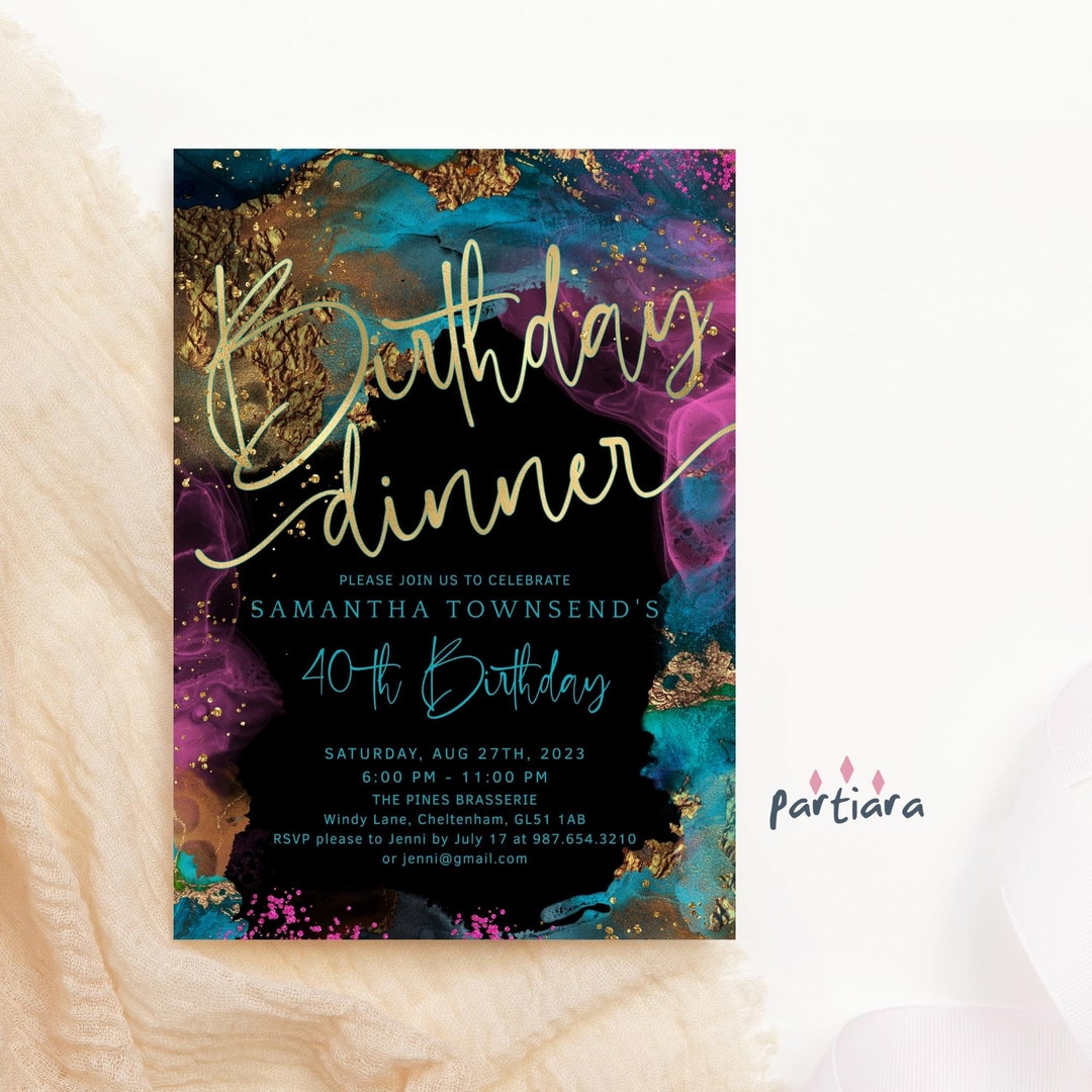 Ladies Birthday Dinner Invitation Printable, Hot Pink Blue Gold Party ...