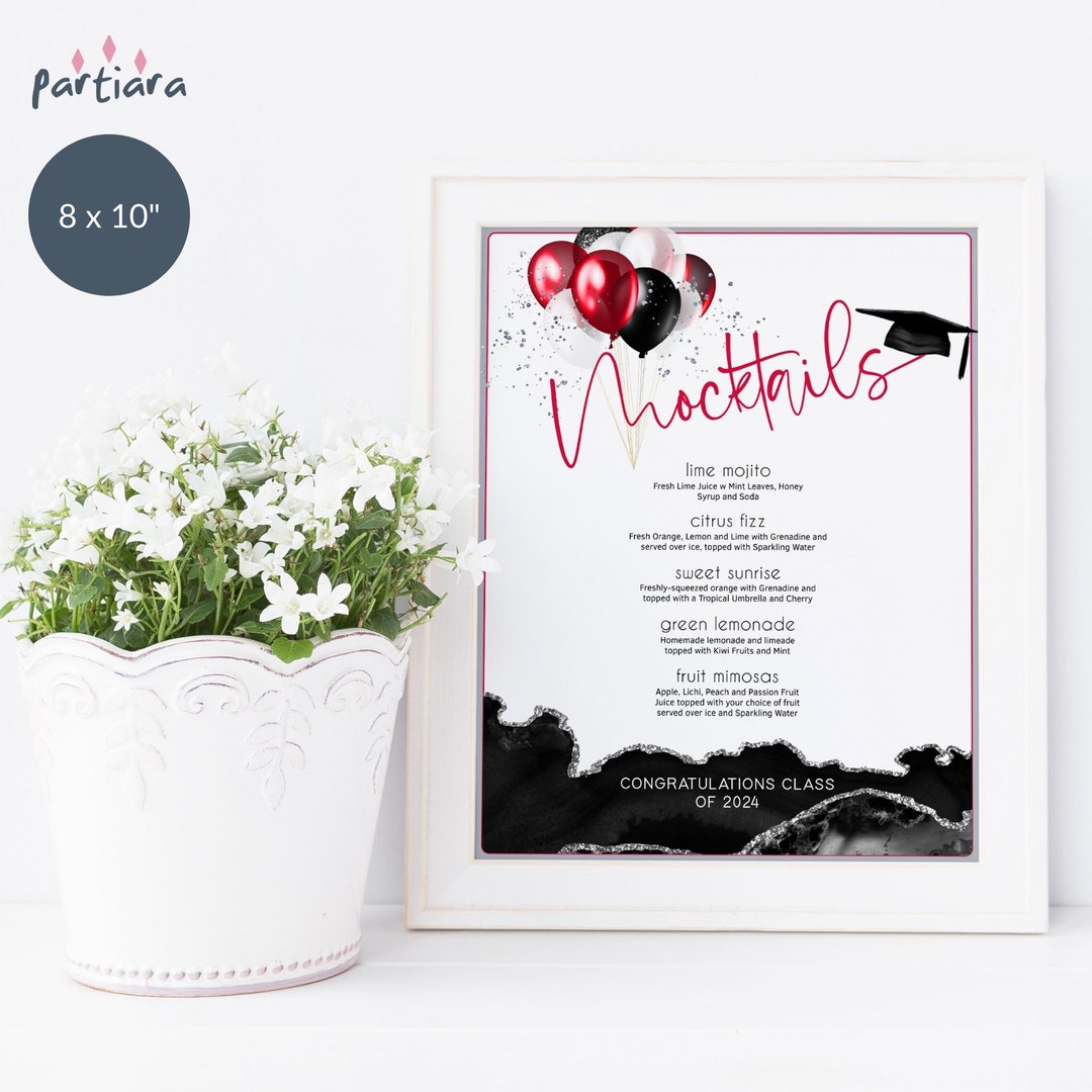 Graduation Mocktail Menu Sign, Mocktails Bar Menus Table Poster, Black ...