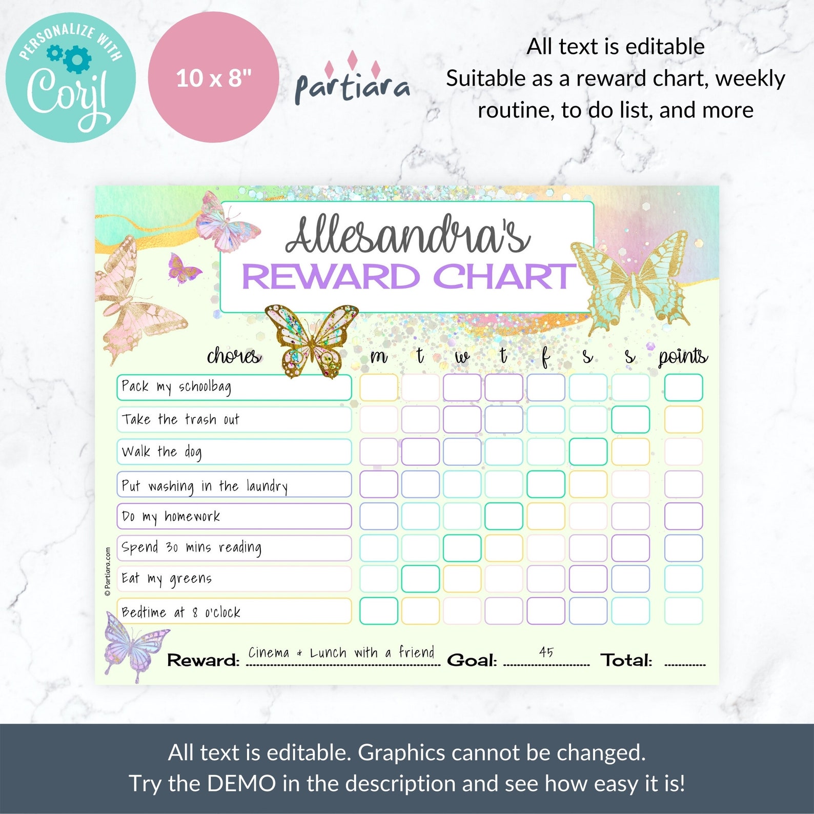 Editable Reward Chart Girl Butterflies Printable Daily Chores - Etsy