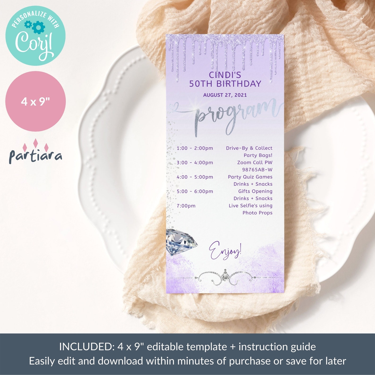 Lavender Silver Birthday Program Card Editable Digital - Etsy