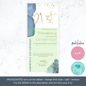 21st Birthday Thank You Card Template, Navy Blue Party Table Place ...