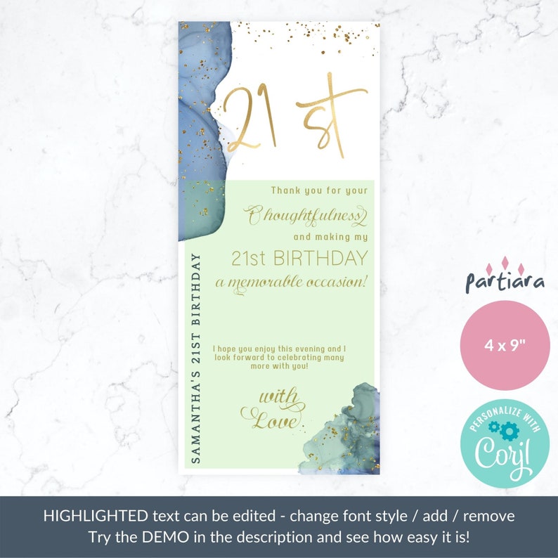 21st Birthday Thank You Card Template: Boy or Girls Navy Blue White ...