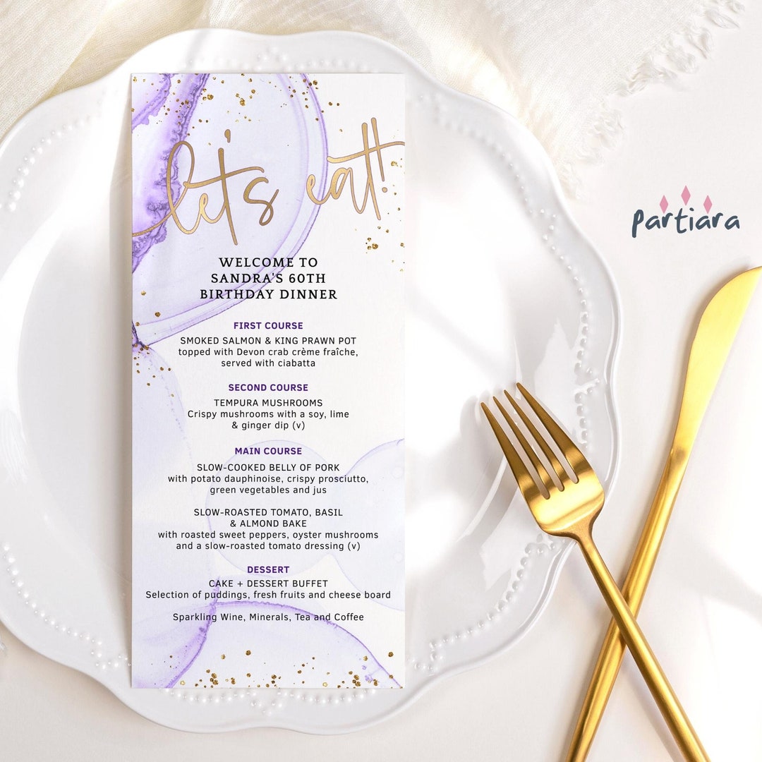 Lavender Gold Menu Ladies Editable Birthday Menus Pastel Lilac Purple ...