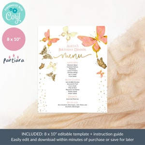 Coral Gold Butterfly Menu Card Printable Teen Girls Birthday Dinner ...