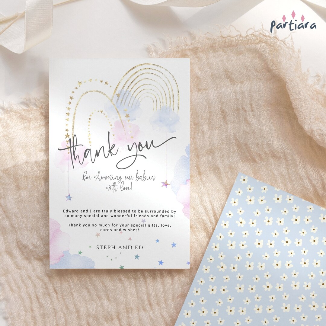 Boho Rainbow Thank You Card Template, Twin Baby Shower Thankyou Notes ...