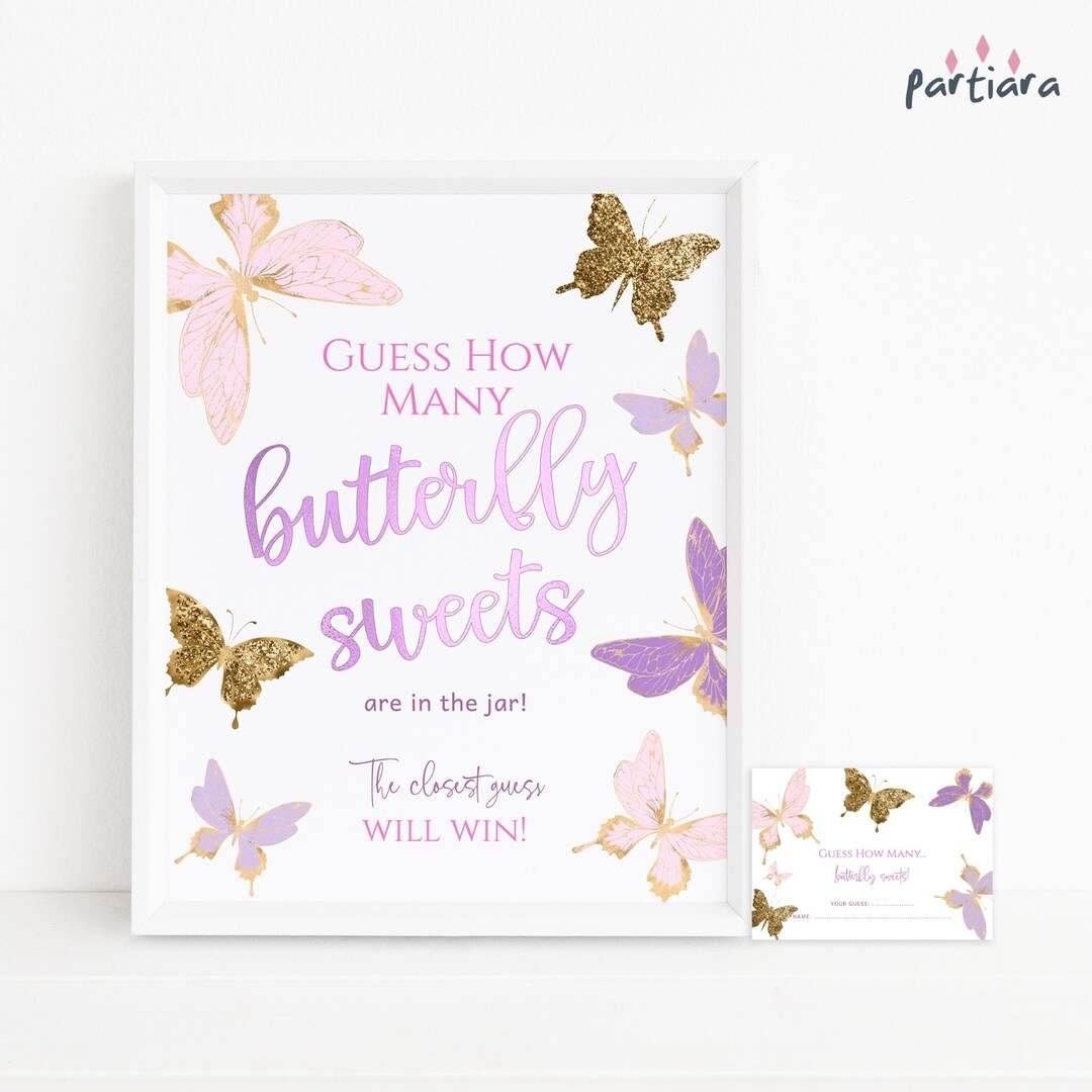 Butterfly Baby Shower Candy Guessing Game Sign Notecard Set Printable ...