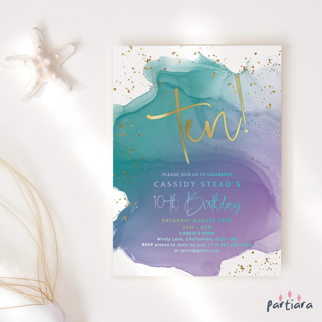 Girls 10th Birthday Invitation Printable Teal Purple Gold Sleepover ...