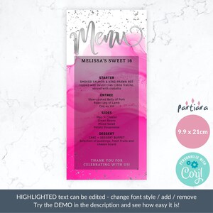 Fuchsia Pink Silver Menu Card Printable Teen Girls Ladies Hot Pink ...