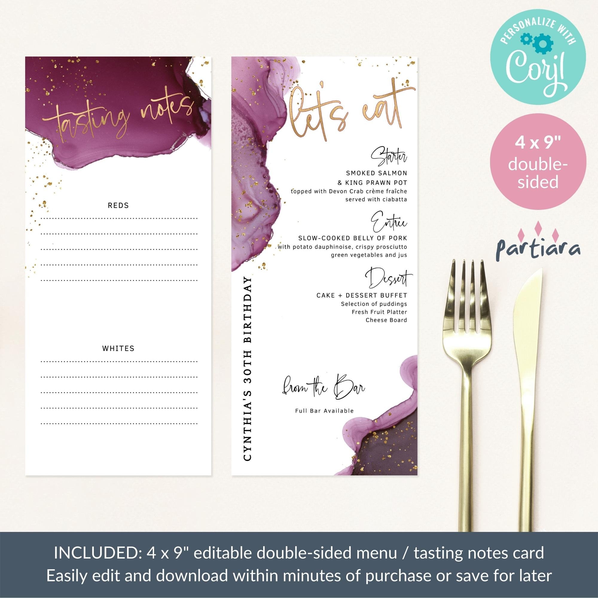 Maroon Gold Wine Tasting Dinner Party Menus and Notecard - Etsy