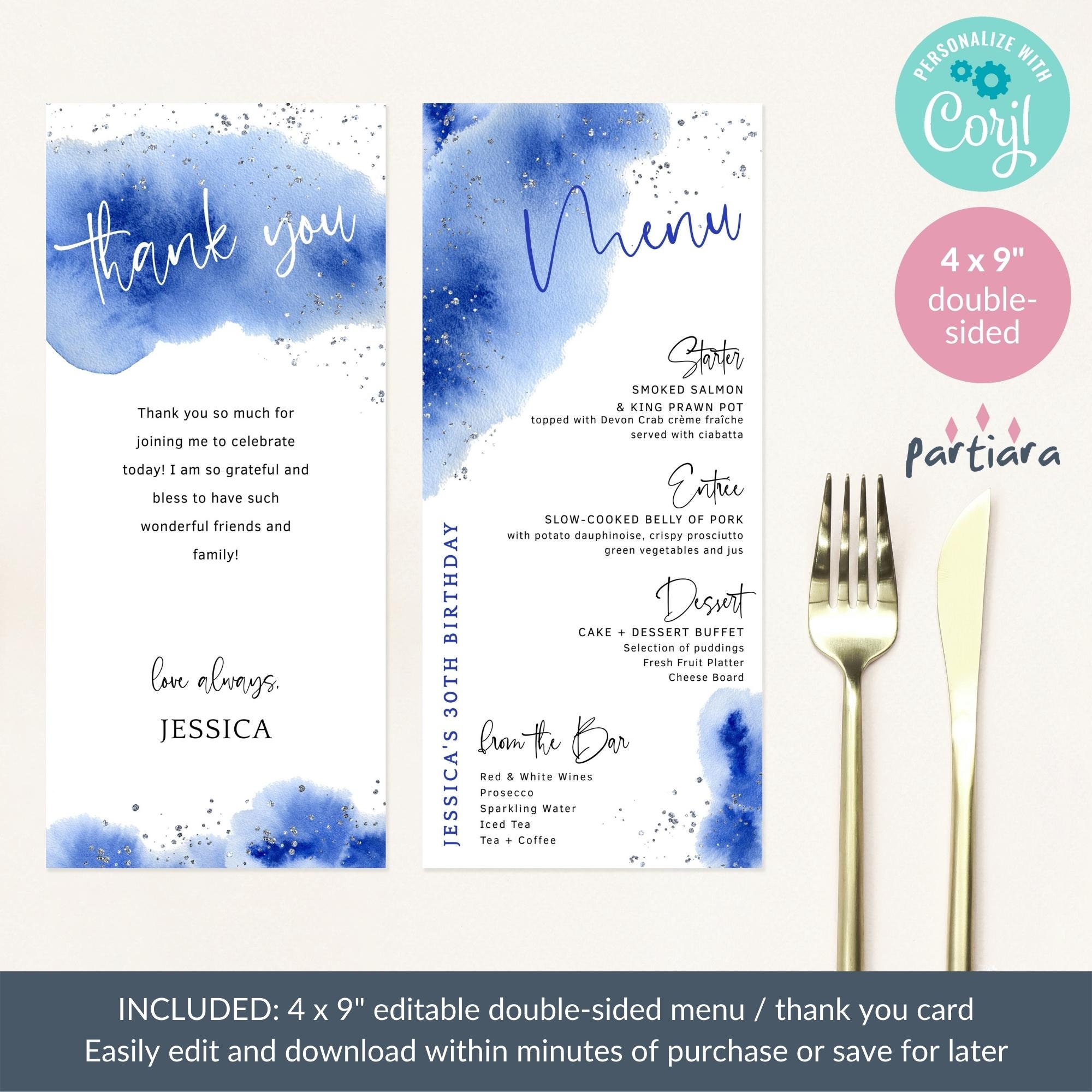 Birthday Menu Thank You Card Printable Men or Ladies Party | Etsy