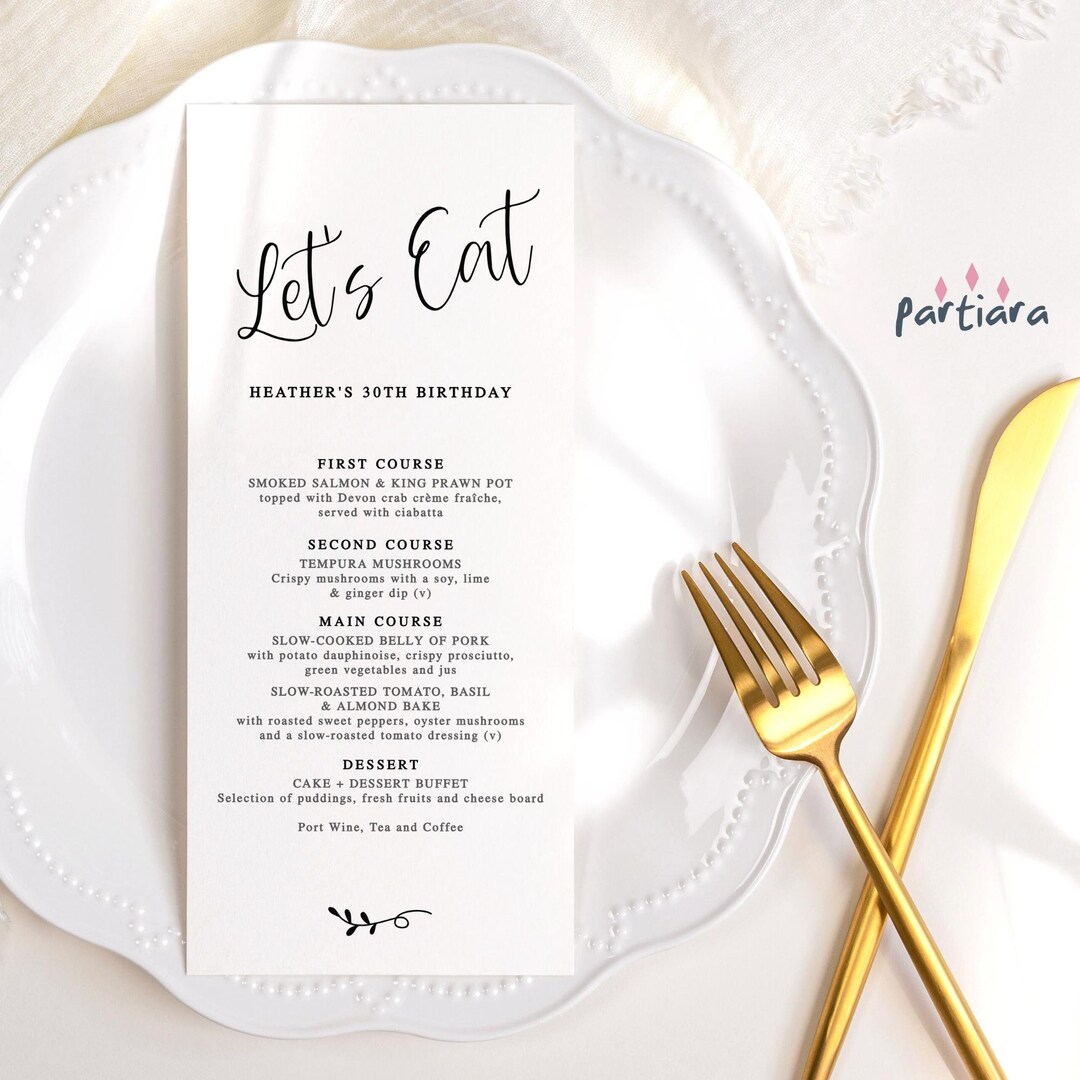Editable Birthday Menu Template Minimalist Black and White Dinner Party ...