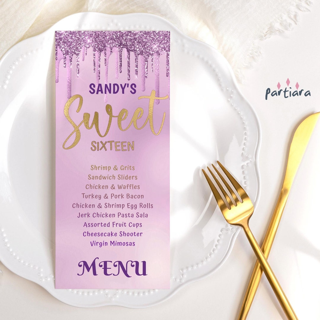 Sweet 16 Menu Template, 16th Birthday Party Menus Printable, Purple ...